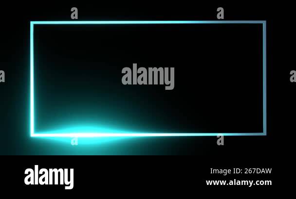 Neon blue geometric rectangle with glowing light on black background ...