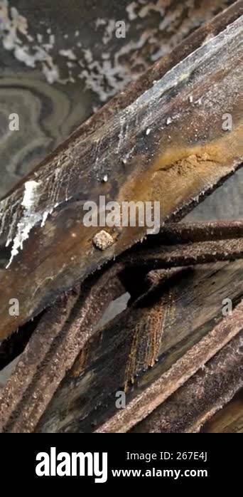 A historic wooden lift system and rusty machinery inside of the Turda ...