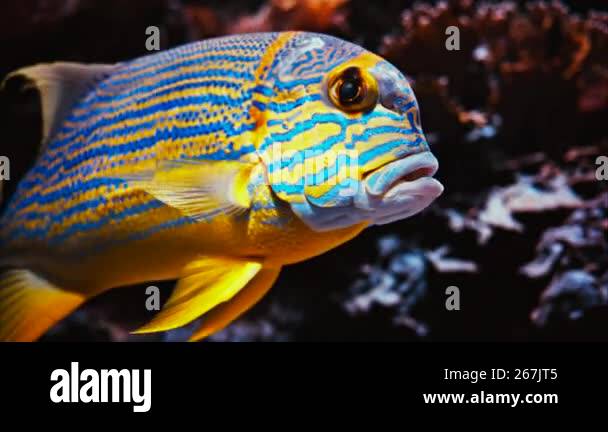 Close up of a sailfin snapper fish swimming near coral reefs Stock ...