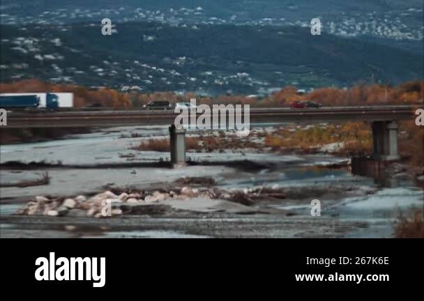 View of cars moving on a bridge over the Var river in Nice, France ...