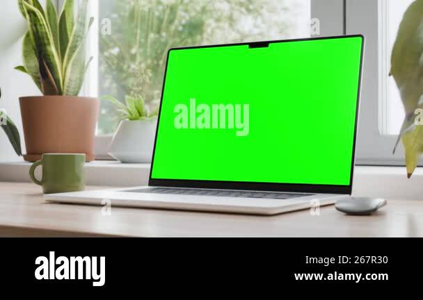 Laptop on a desk in a stylish home office interior. The laptops green ...