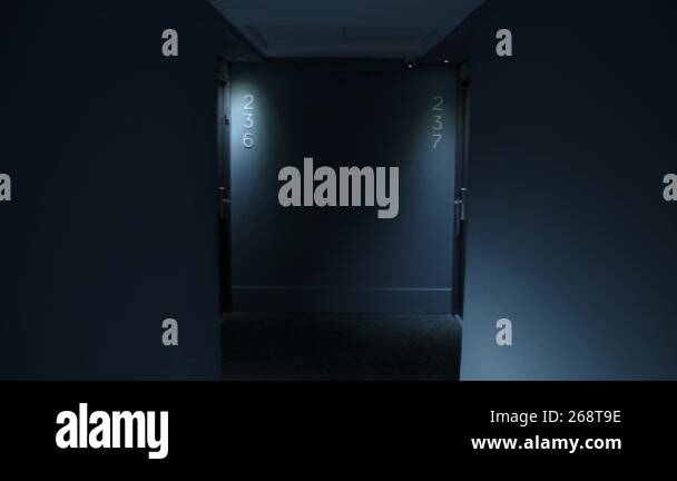 Dim hallway lighting revealing room numbers 236 and 237, casting ...