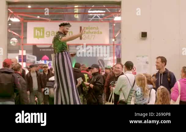 A tall stilt walker in vibrant, colorful attire, delights and ...