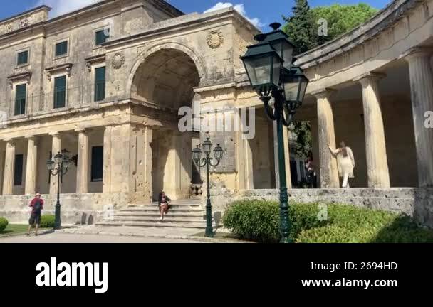 Corfu street and buildings. Famous tourist holiday destination island ...