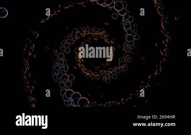 Dark tunnel background with abstract spirals of glowing blue bubbles and realistic orange light ...