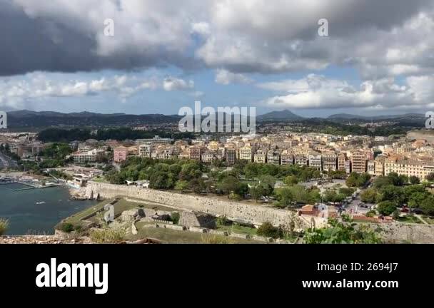 Corfu street and buildings. Famous tourist holiday destination island ...