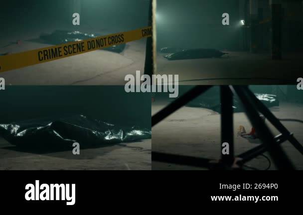 Split screen of mysterious crime scene isolated by yellow barricade ...