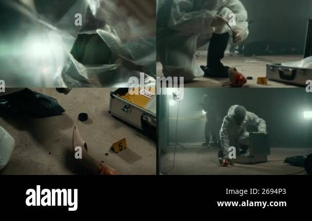 Split screen of young Black male forensic specialist in protective suit ...