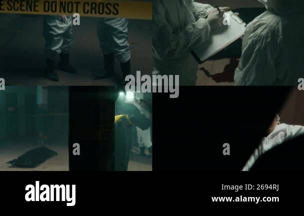 Split screen of young multiethnic forensic experts wearing protective ...