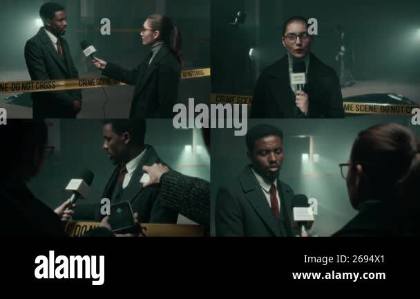 Split screen of young Caucasian female journalist interviewing young ...
