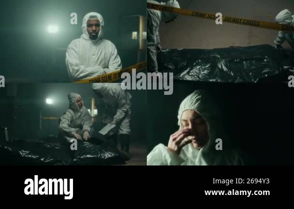 Split screen of young Caucasian female forensic expert in protective ...