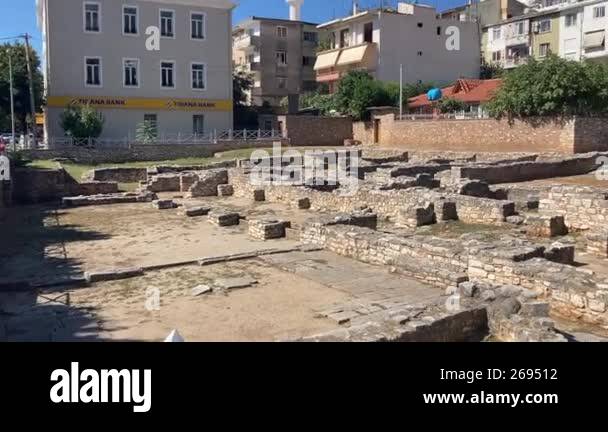 Synagogue - Basilica, Archeological Remains in the center of Saranda in Albania. Sarand city ...
