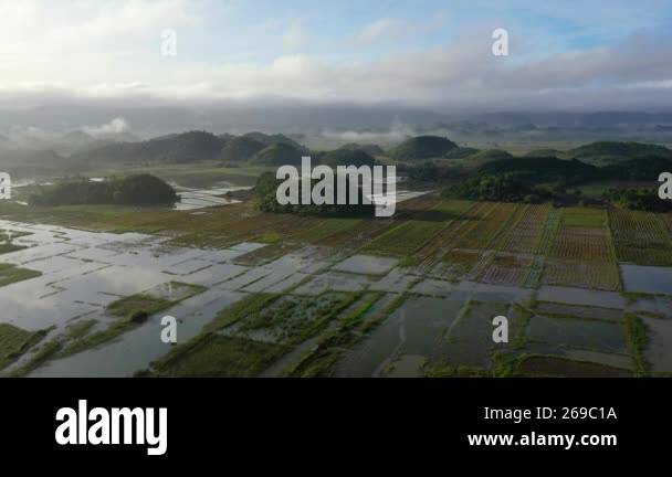 Landscape with farmland and green hills, aerial view. The nature of ...