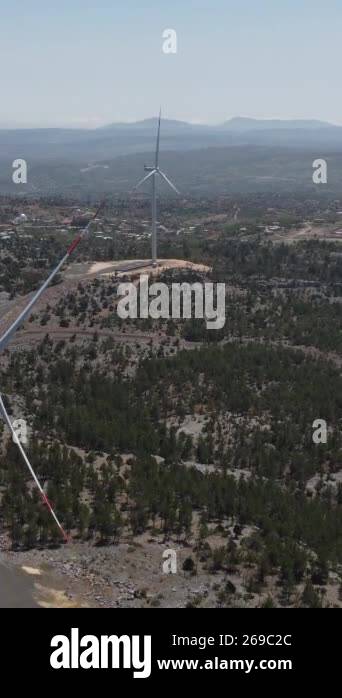 Overhead view of the wind panel installed on the top of the mountain ...