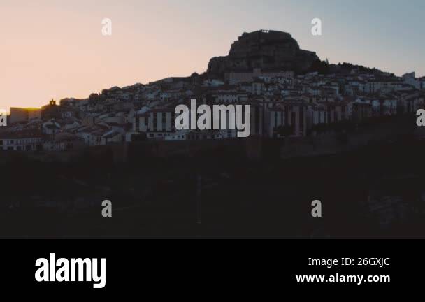 Aerial view of historic medieval town of Morella during sunset ...
