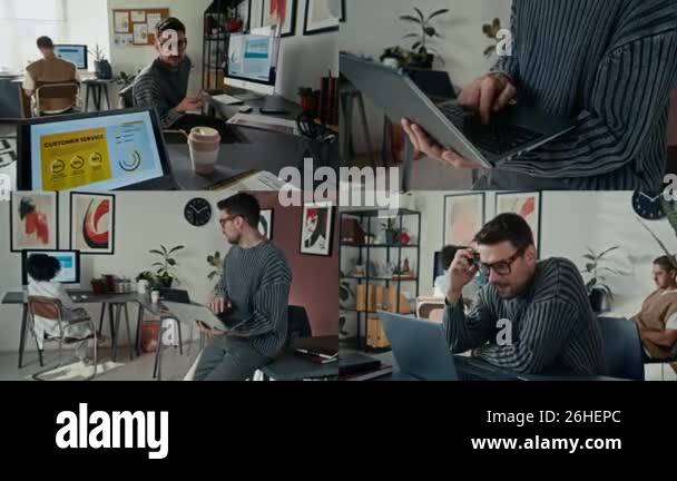 Split screen of young man working on his laptop and talking to ...