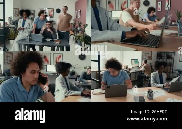 Split screen of group of colleagues, typing on laptops, having phone ...