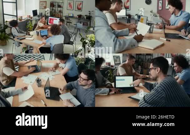 Split screen of group of diverse colleagues discussing their strategy ...