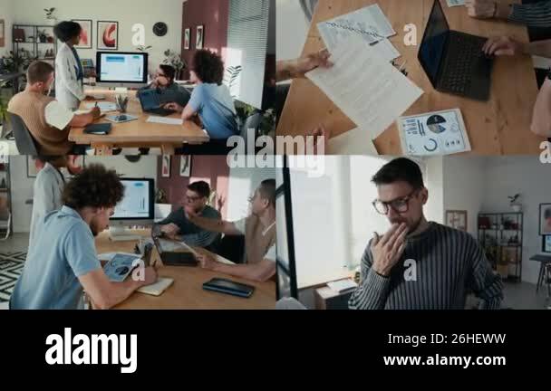 Split screen of multi-ethnic colleagues having active discussion ...