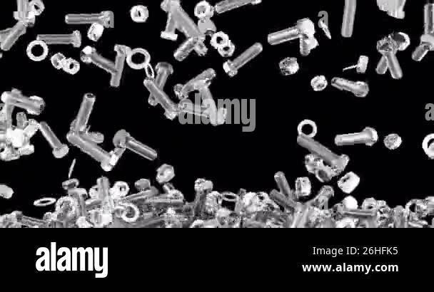 Bolts, Nuts and Washers falling and fill the screen. 3D animation on ...