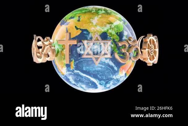 Religions symbols around the Earth Globe, animation seamlessly loopable ...