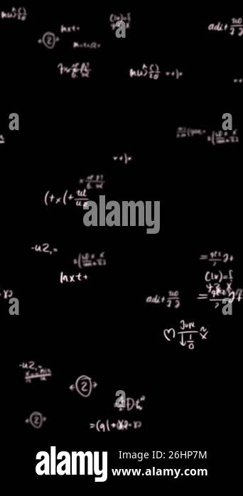 A looping vertical view of complicated random math formulas fly past ...