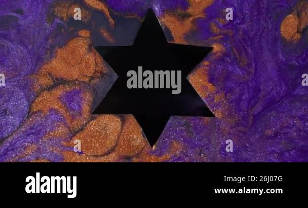 Star ink liquid. Shimmering flow. Defocused golden purple multicolor ...