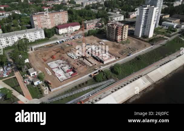 An aerial perspective showing an active construction site that is ...