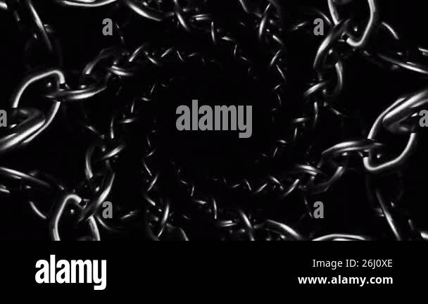 An abstract image of spiraling black chains on a dark background ...