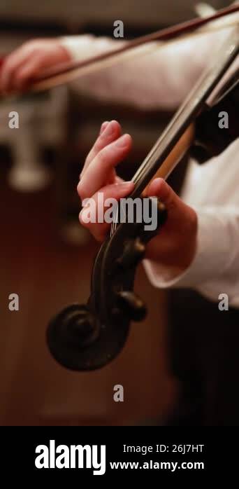 Close-up of a violinists hand delicately holding the strings on a ...