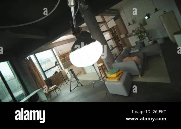 View on studio for shooting. Installation of light equipment. Cinema production. Lighting device ...