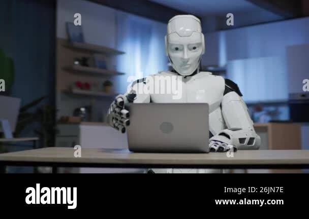 360 degree shot living room. Footage of white humanoid robot finishing ...