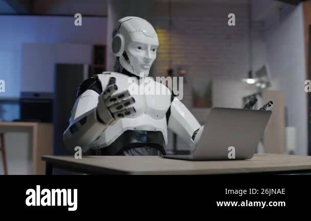 360 degree time-lapse studio. Footage of surprised white robot moving ...