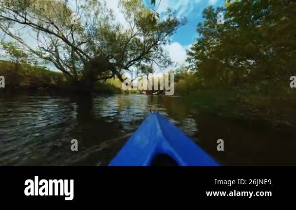 Shot of blue canoe. Awesome view of kayak on calm river. Exciting ...