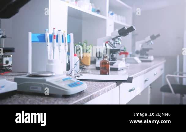 Empty room in laboratory microbiologist working place. Microscope ...