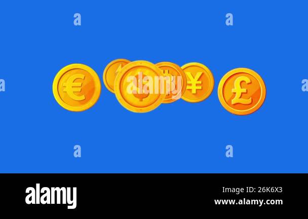Graphic animation of coins with symbols of different currencies that ...