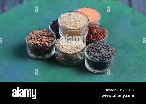 Rice of different colors and varieties. Assortment of rice grains, top ...