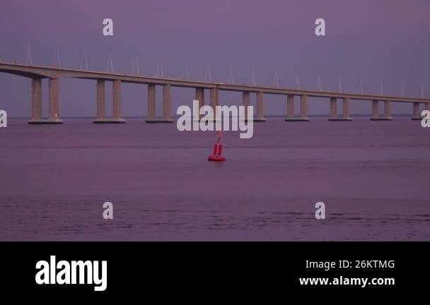 A red navigation river buoy with a flashing light floats in pink-lilac ...