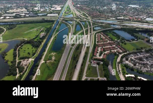 Miami freeway interchange with elevated road lanes for fast express ...