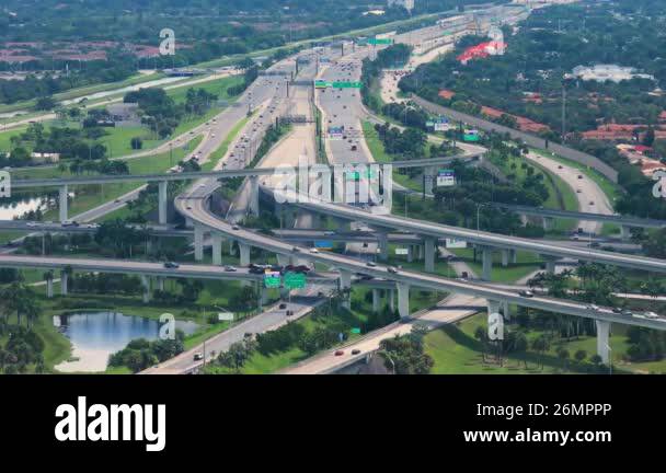 Massive highway intersection in American city area. Stacked elevated ...