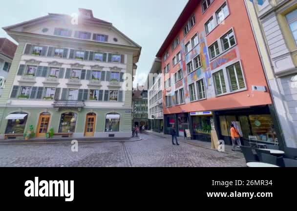The richly decorated colored frescoed historic townhouses on the old ...