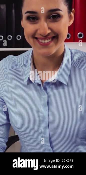 Portrait of happy successful attractive leader businesswoman smiling at ...