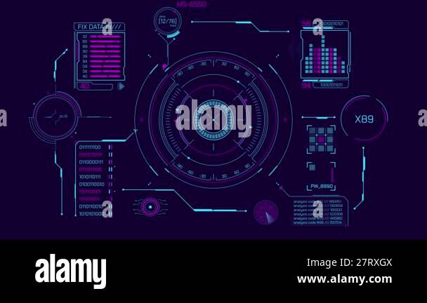 Digital information processing on a high-tech display with HUD and infographics elements ...