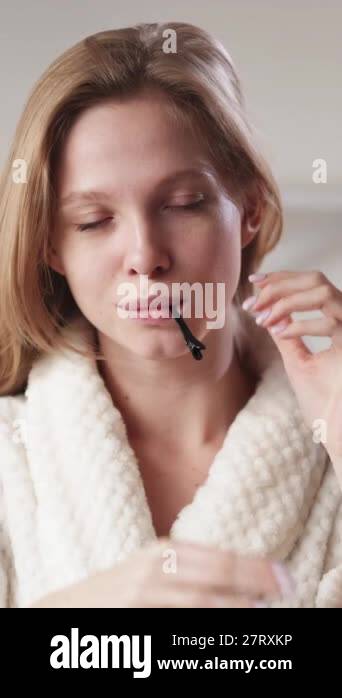 Vertical video. Facial care. Healthy skin. Clean hydration. Skincare spa. Beautiful contented ...