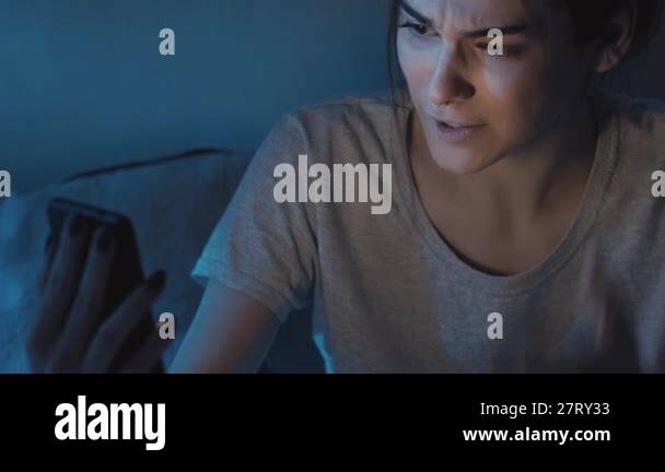 Night chat. Video call. Distant communication. Excited sleepless girl ...