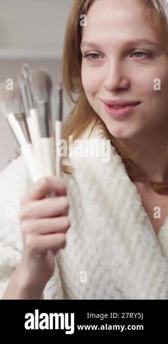 Vertical video. Natural face. Beauty cosmetic. Morning habit. Artist ...