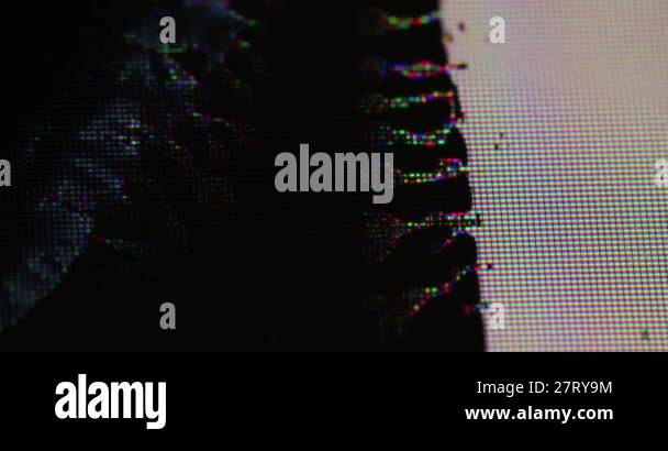Defective screen. Analog static. Grunge ink spills on grid LCD shimmering color surface. Display ...