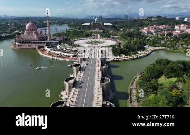 Drone view of Putrajaya skyline with Putra Bridge, Square, pink Mosque ...