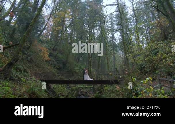 Young wedding couple is standing on a small bridge in the forest. View ...