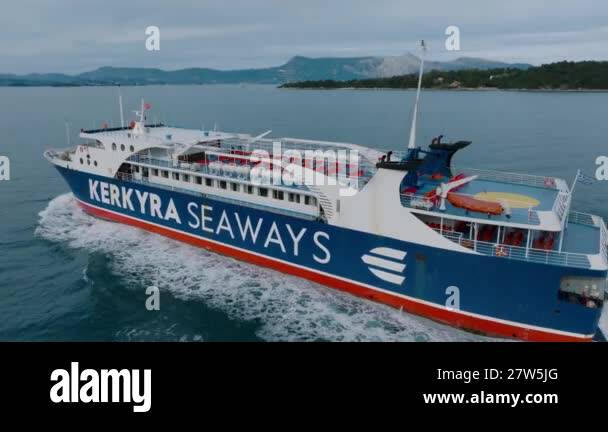 The Kerkyra Seaways ferry approaching the port of the greek island Corfu, Greece. Transportation ...